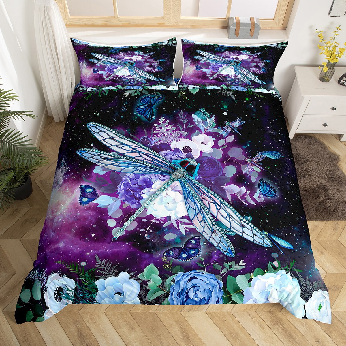Dragonflies Duvet Cover Flowers Bedding Set Dragonfly Decor,Blue Purple ...