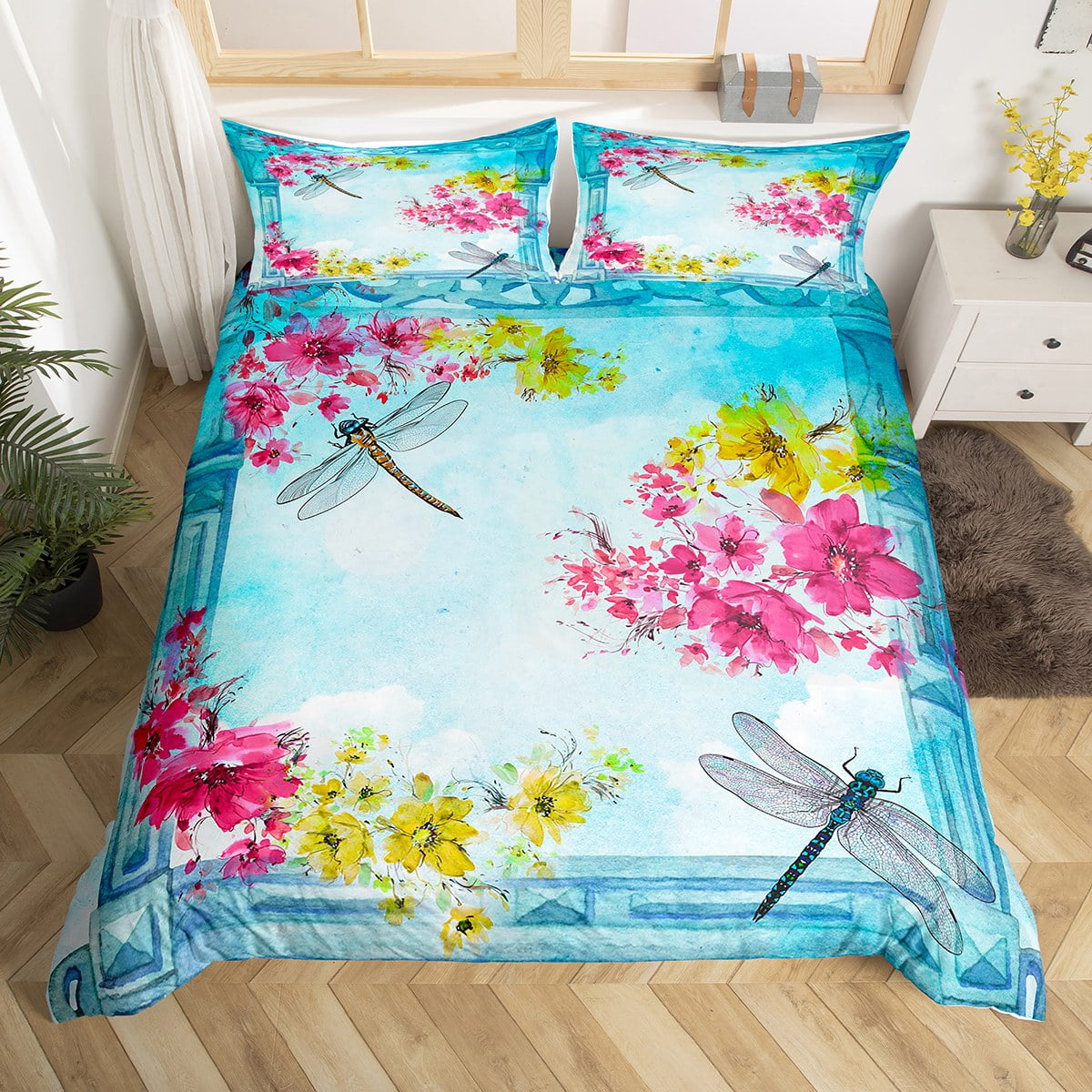 Dragonflies Duvet Cover Flowers Bedding Set Dragonfly Decor,Blue Tie ...