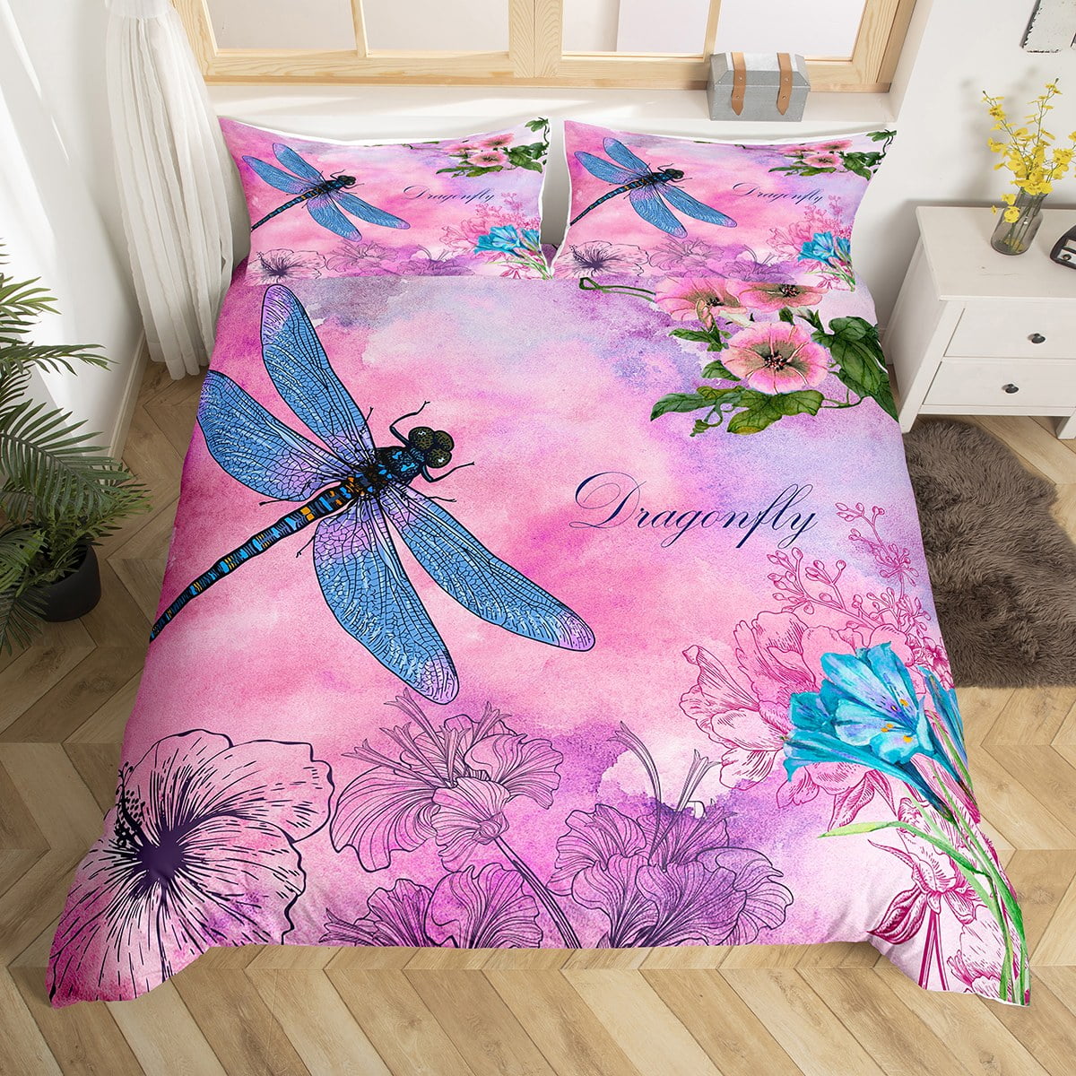 Dragonflies Duvet Cover Flowers Bedding Set Dragonfly Decor,Purple Tie ...