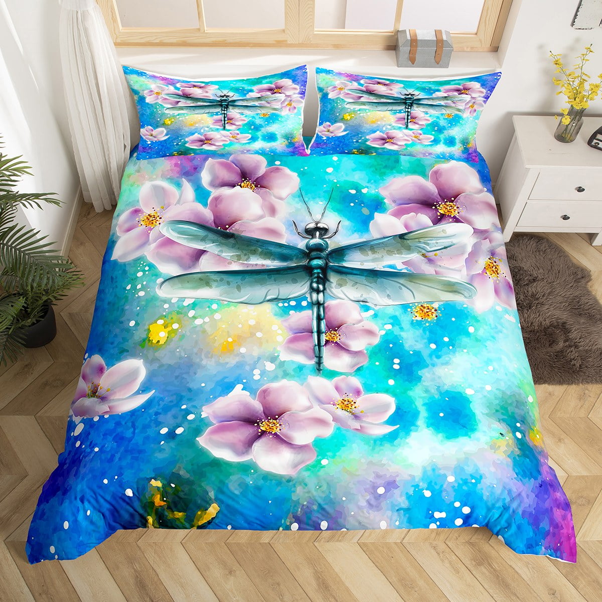 Dragonflies Duvet Cover Flowers Bedding Set Dragonfly Decor,Teal Blue ...