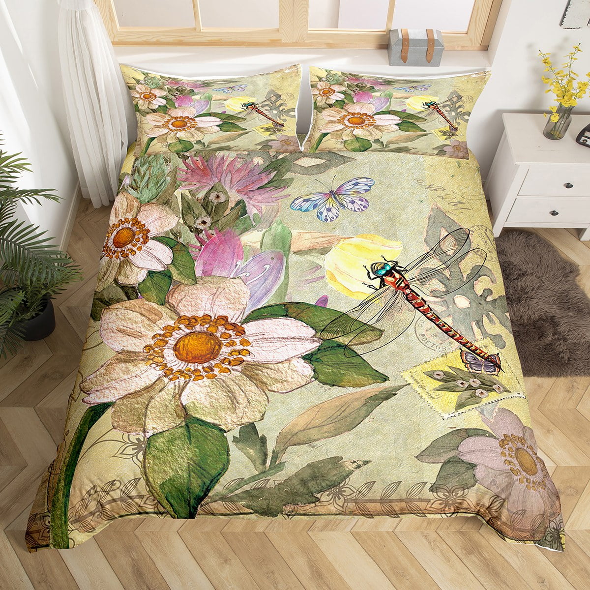 Dragonflies Duvet Cover Flowers Bedding Set Dragonfly Decor,Vintage ...