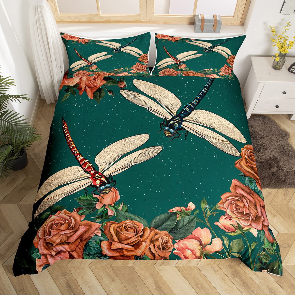 Dragonflies Duvet Cover Red Rose Bedding Set Dragonfly Decor,Vintage ...