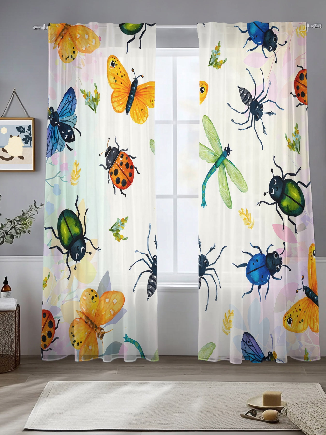 Dragonflies Spiders Butterfly Chiffon Sheer Curtains 84 Inches Long ...