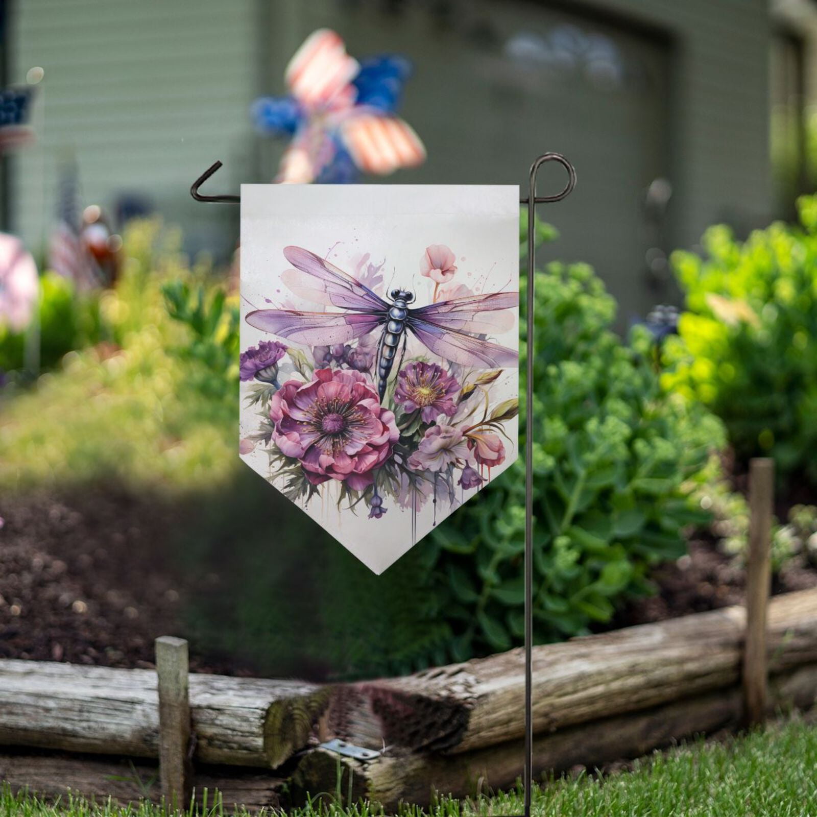 Dragonflies and Flowers Garden Flag 18" x 12.5" Double Sided Yard Lawn ...