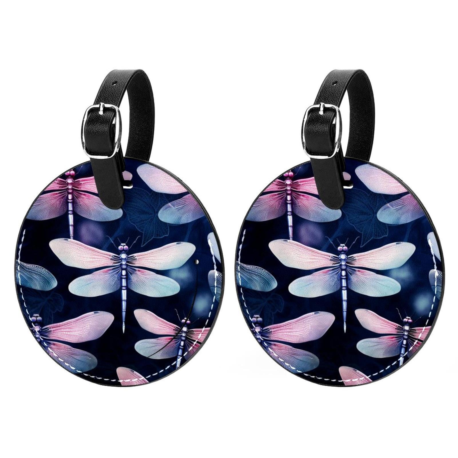 Dragonfly 2Pcs PU Leather Round Luggage Tags with Privacy Cover and ...