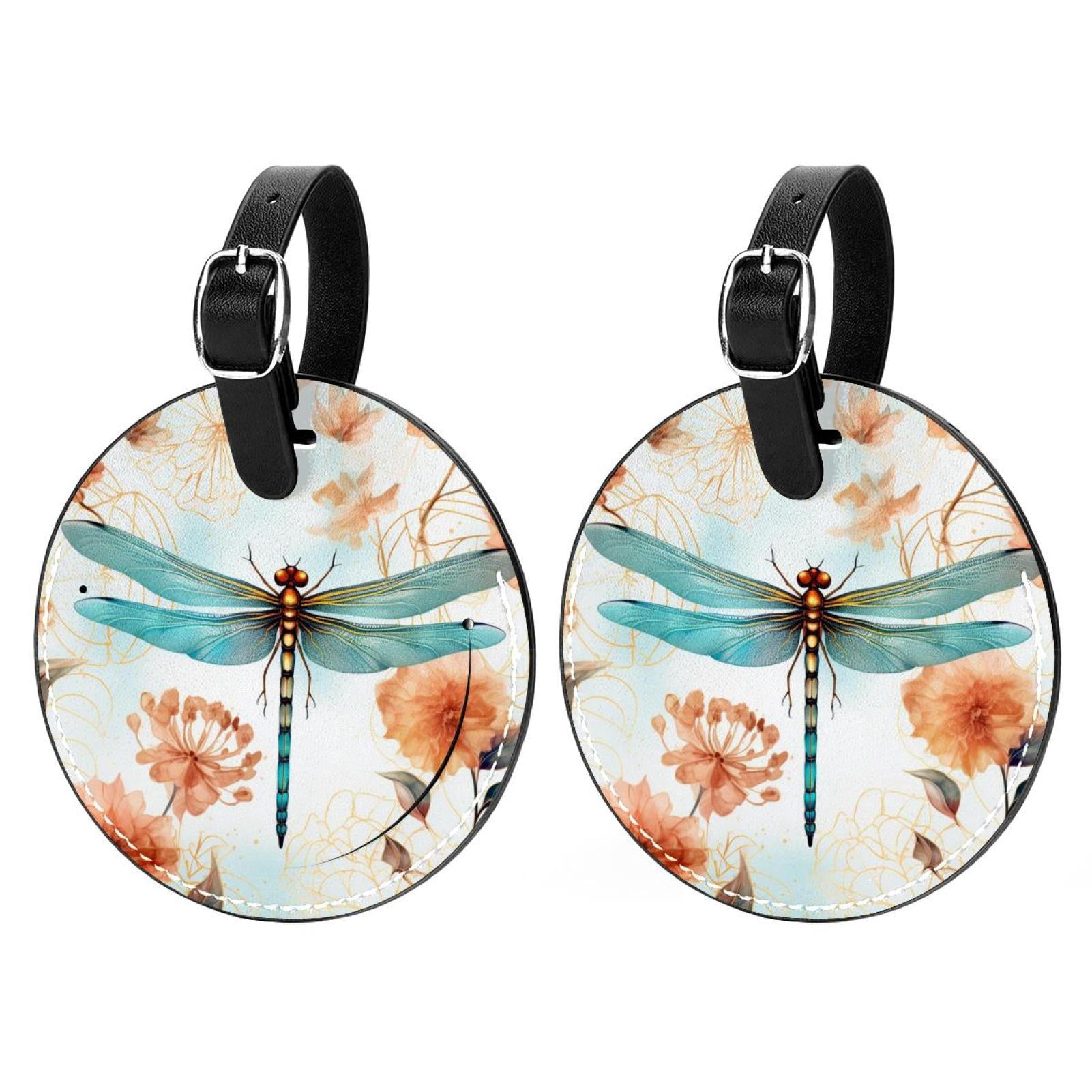 Dragonfly 2Pcs PU Leather Round Luggage Tags with Privacy Cover and ...