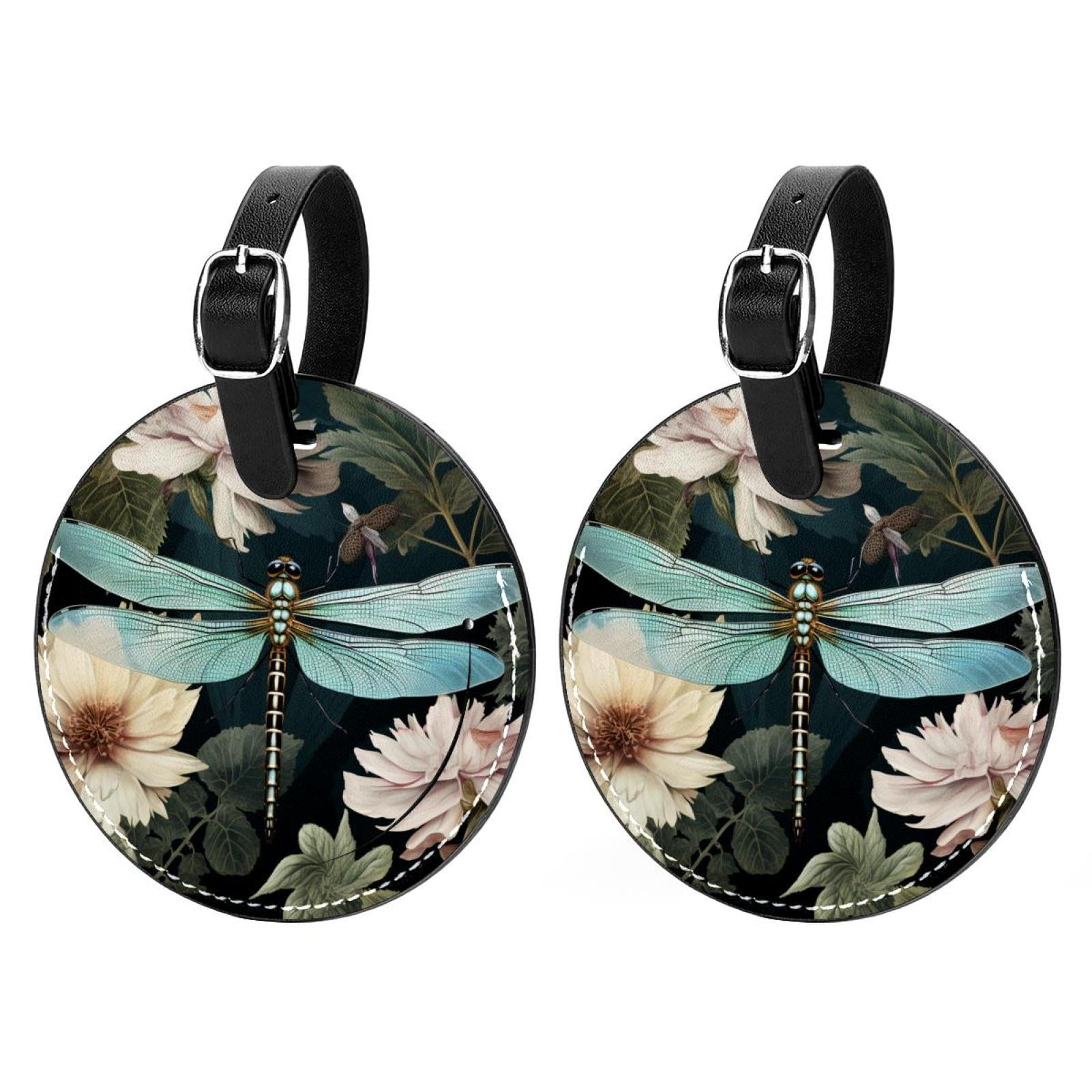 Dragonfly 2Pcs PU Leather Round Luggage Tags with Privacy Cover and ...