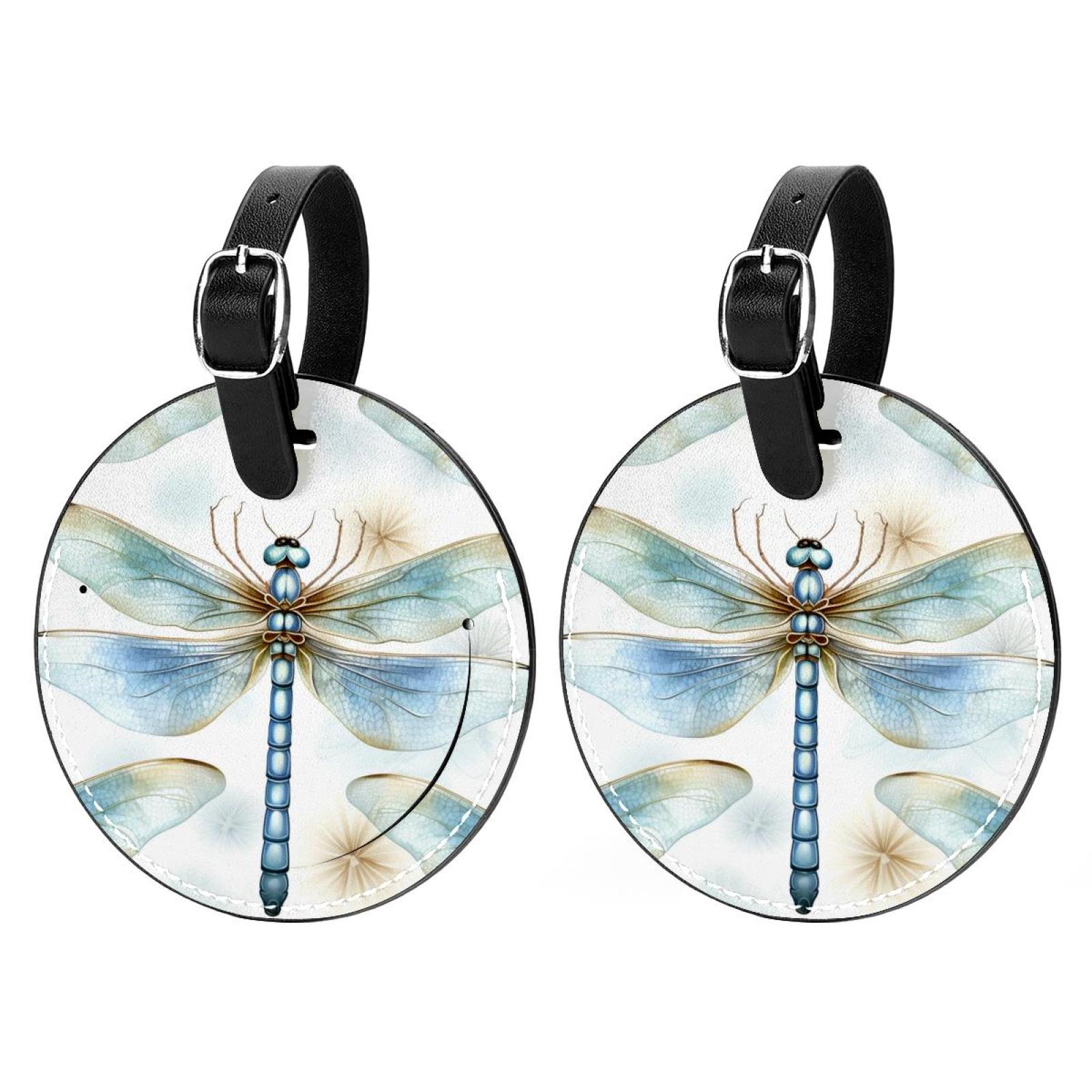 Dragonfly 2Pcs PU Leather Round Luggage Tags with Privacy Cover and ...