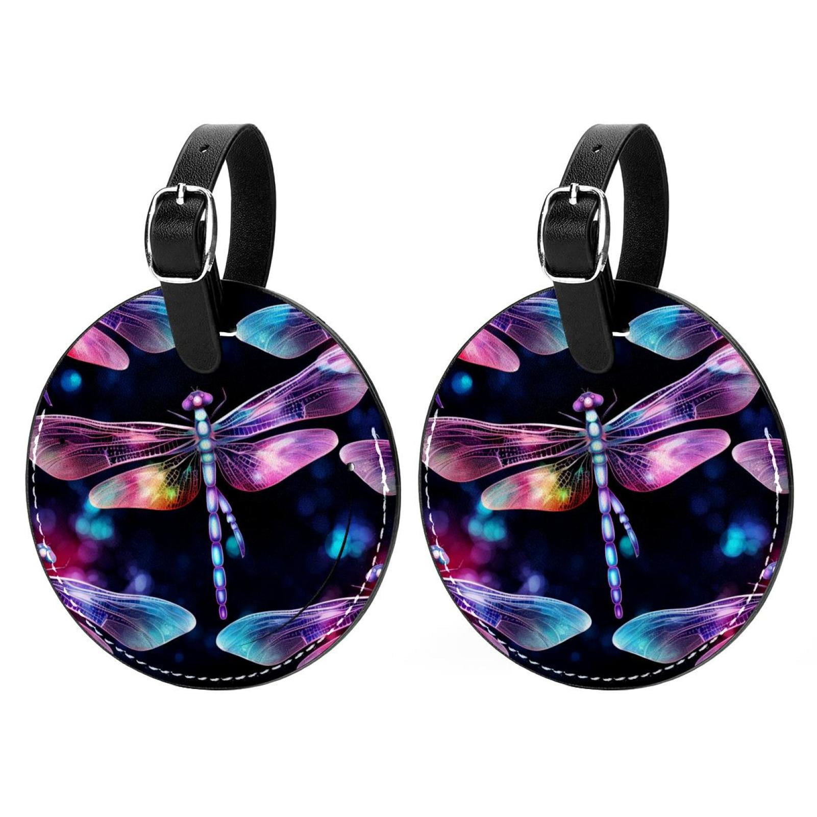 Dragonfly 2Pcs PU Leather Round Luggage Tags with Privacy Cover and ...