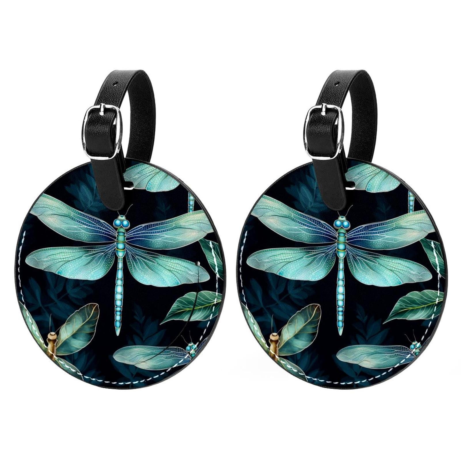 Dragonfly 2Pcs PU Leather Round Luggage Tags with Privacy Cover and ...