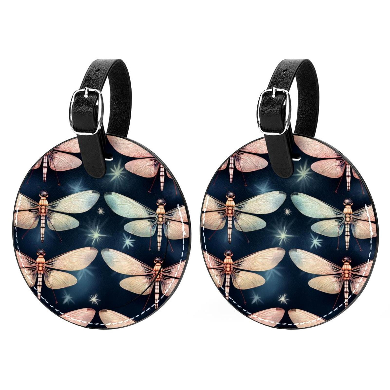 Dragonfly 2Pcs PU Leather Round Luggage Tags with Privacy Cover and ...
