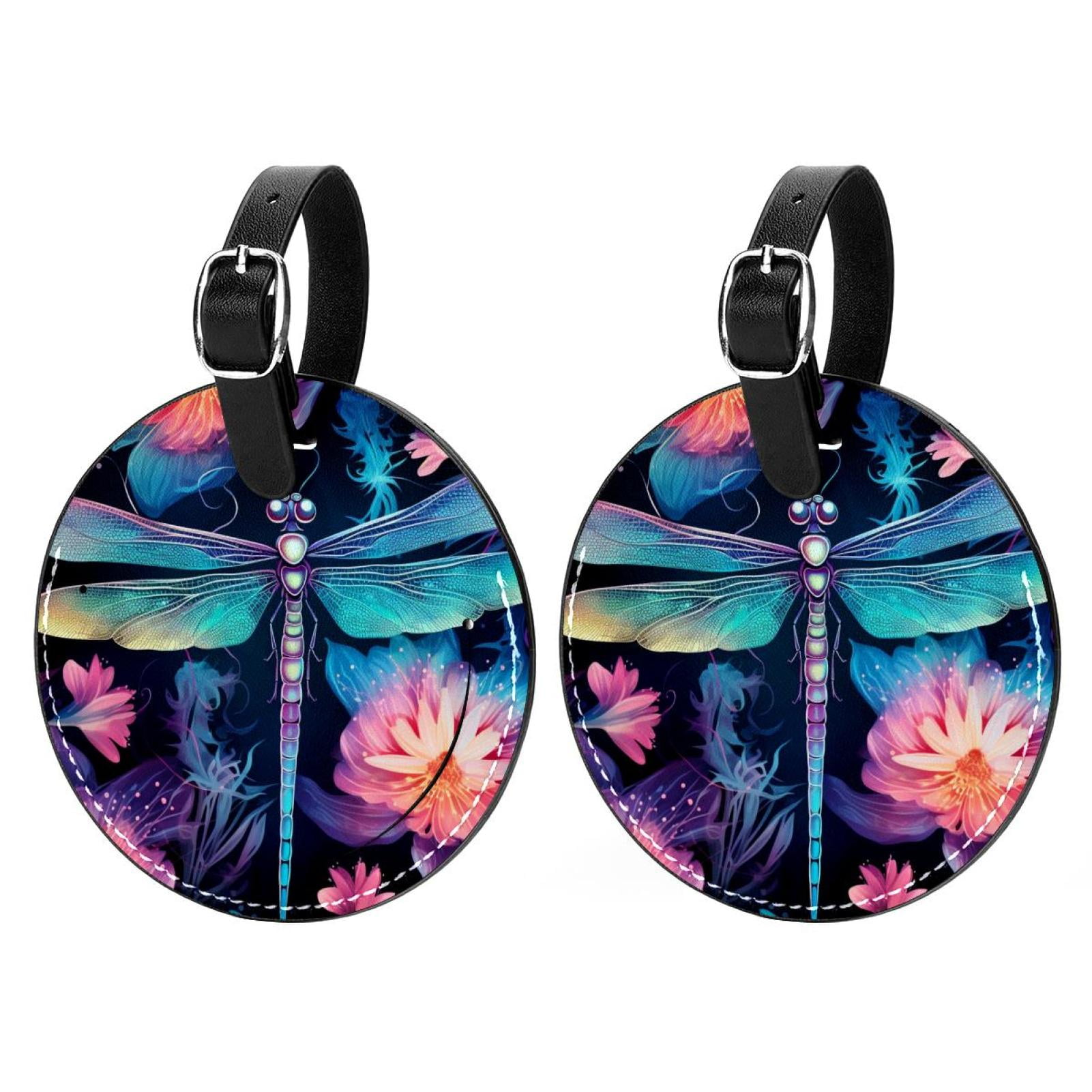 Dragonfly 2pcs PU Leather Round Bag Tags with Privacy Cover and Name ID ...