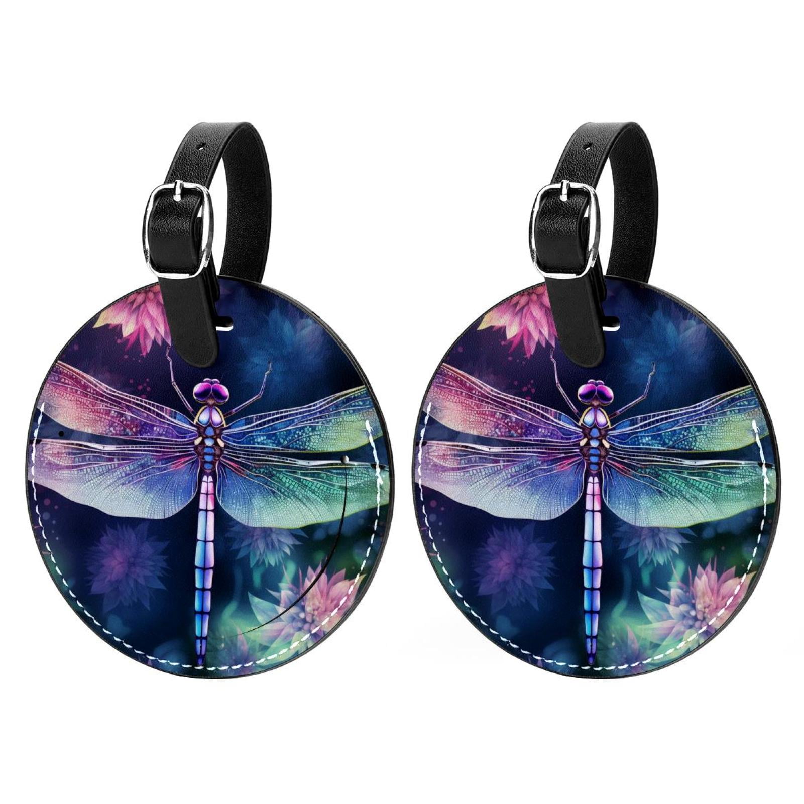 Dragonfly 2pcs PU Leather Round Bag Tags with Privacy Cover and Name ID ...