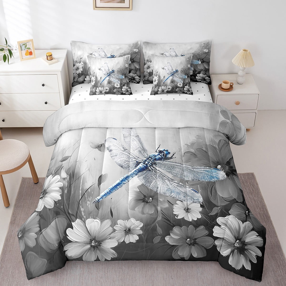 Dragonfly 7 Piece Comforter Set Full Daisy Flowers Bedding Sets,Blue ...
