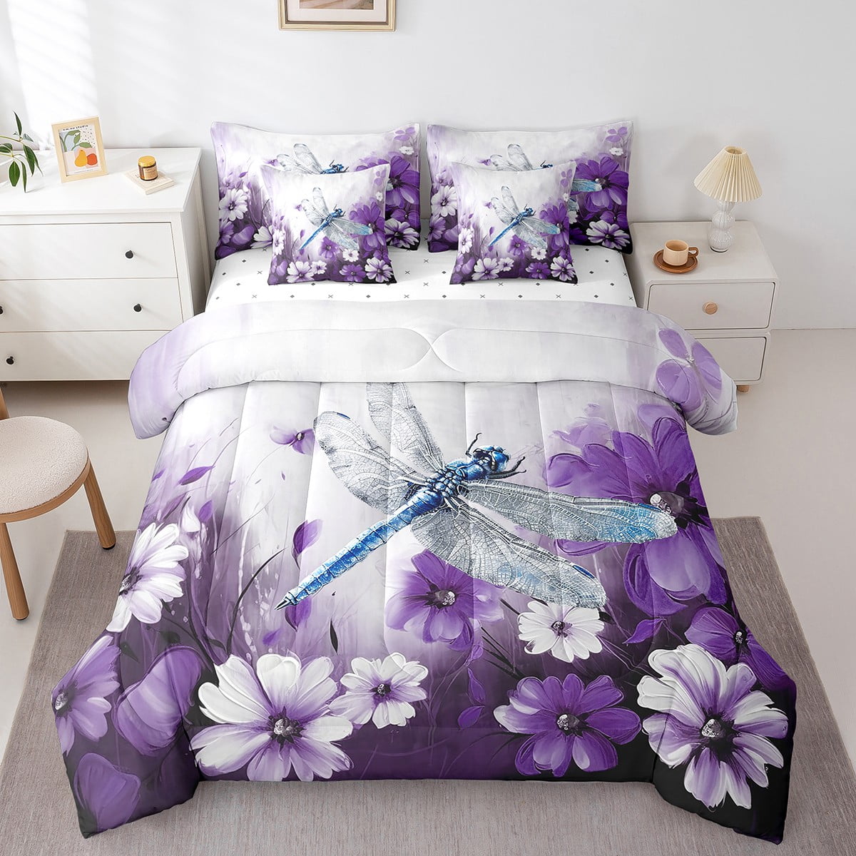 Dragonfly 7 Piece Comforter Set Full Daisy Flowers Bedding Sets,Blue ...