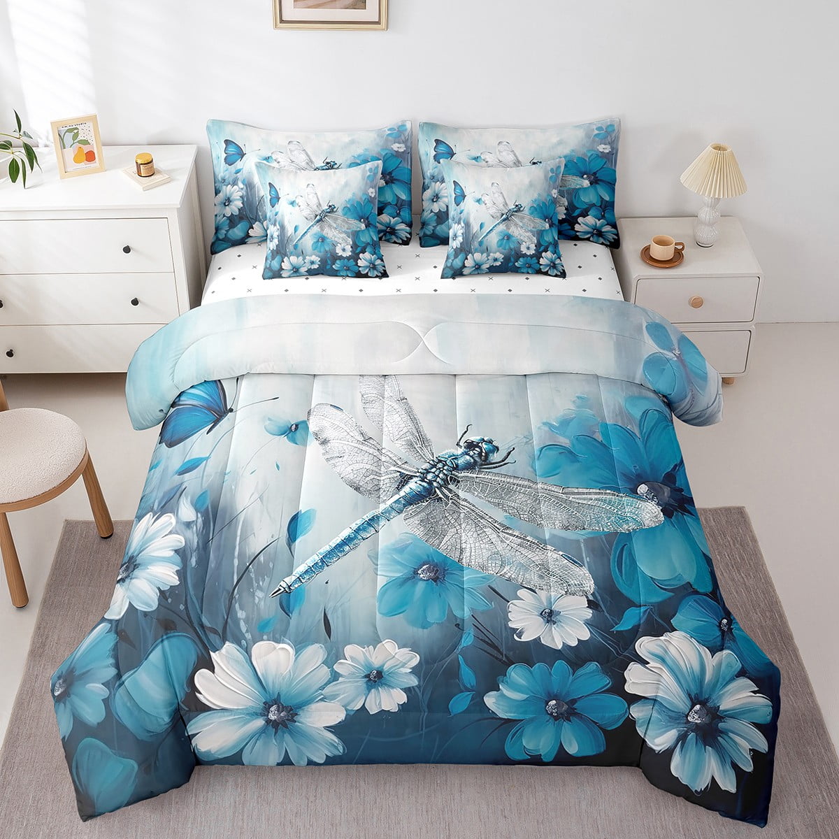Dragonfly 7 Piece Comforter Set Full Daisy Flowers Bedding Sets,Light ...