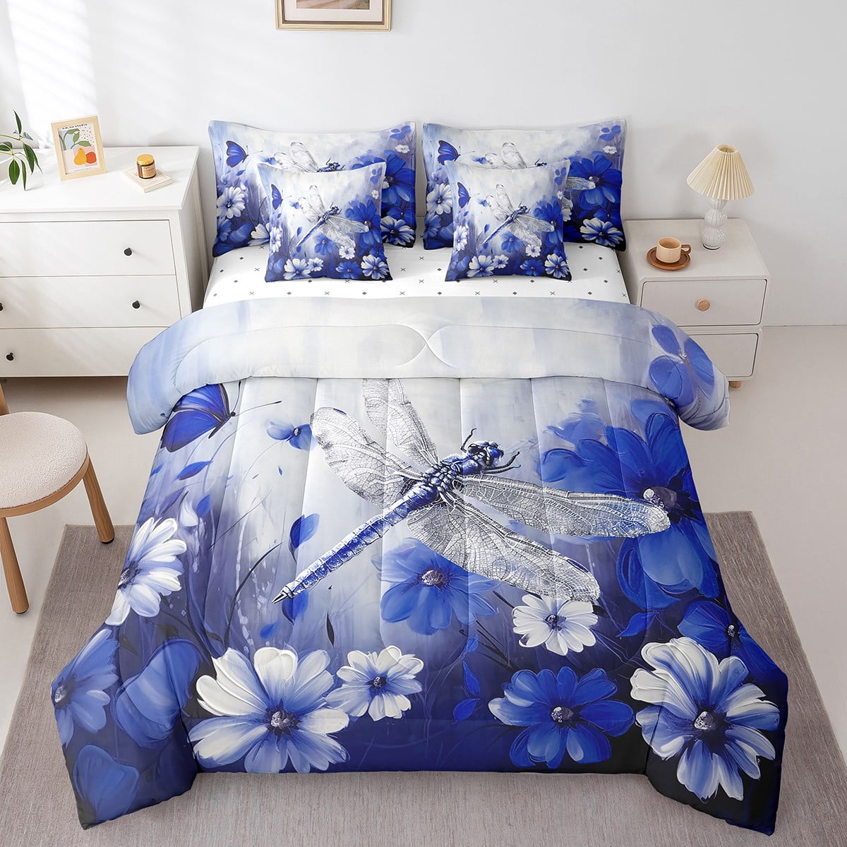 Dragonfly 7 Piece Comforter Set Full Daisy Flowers Bedding Sets,Navy ...