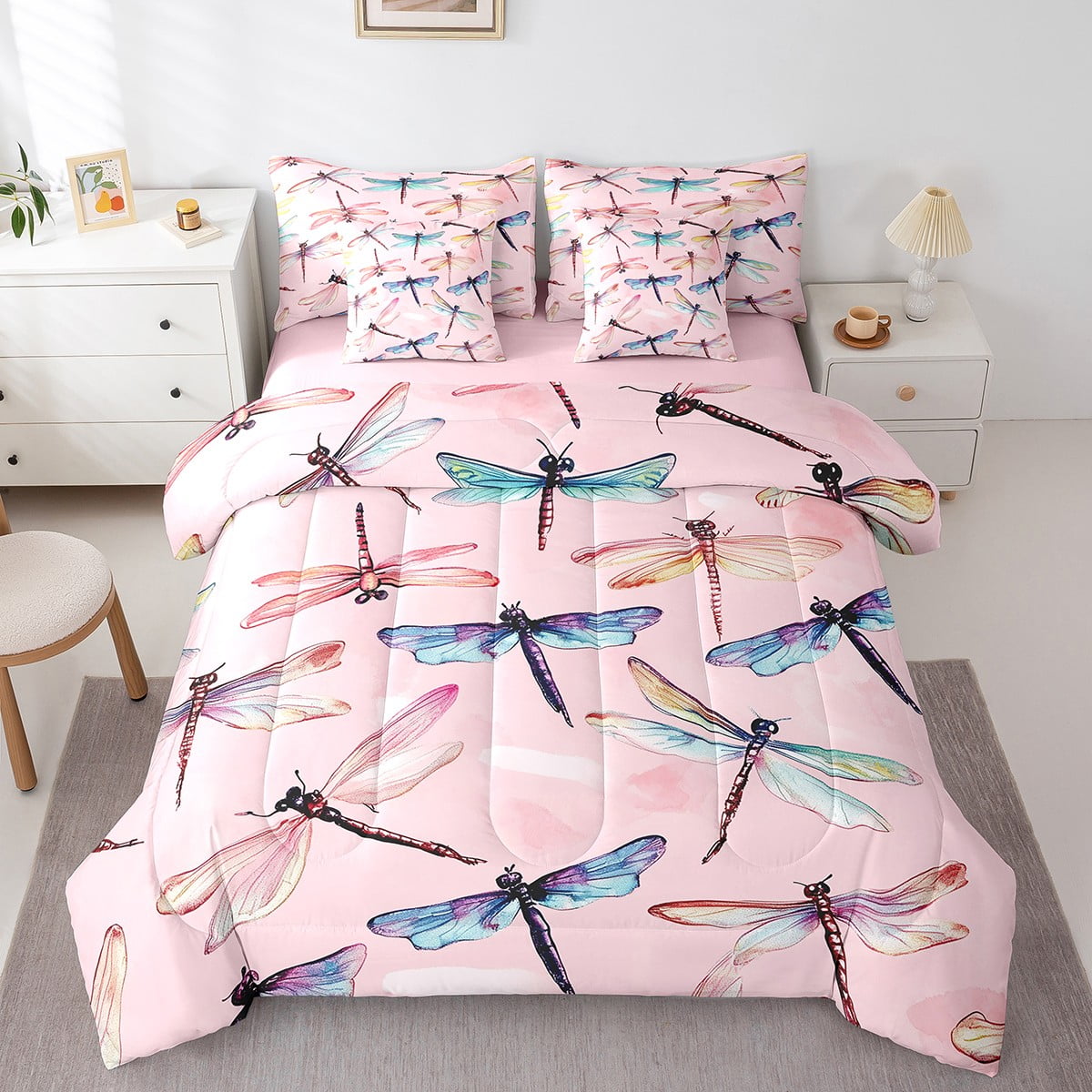 Dragonfly 7 Pieces Bedding Set Pink Dragonfly Full Comforter Set with ...