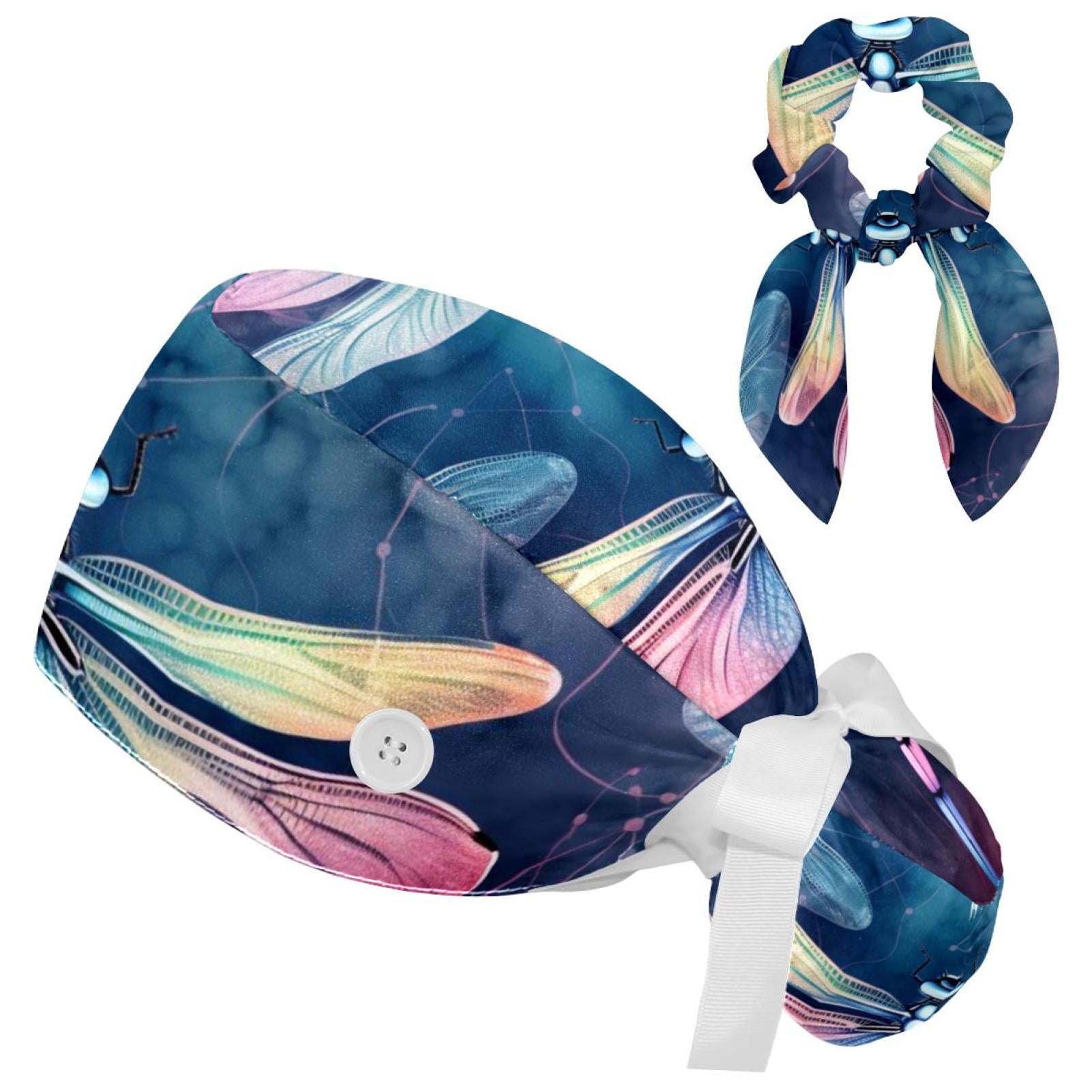 Dragonfly Adjustable Working Cap with Buttons/ Bow Hair Scrunchy with Sweatband Washable for ...