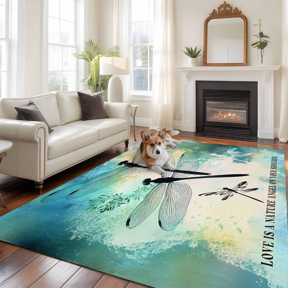 Dragonfly Animal Washable Area Rug 5x7 Teal Green Yellow Gradient Text ...