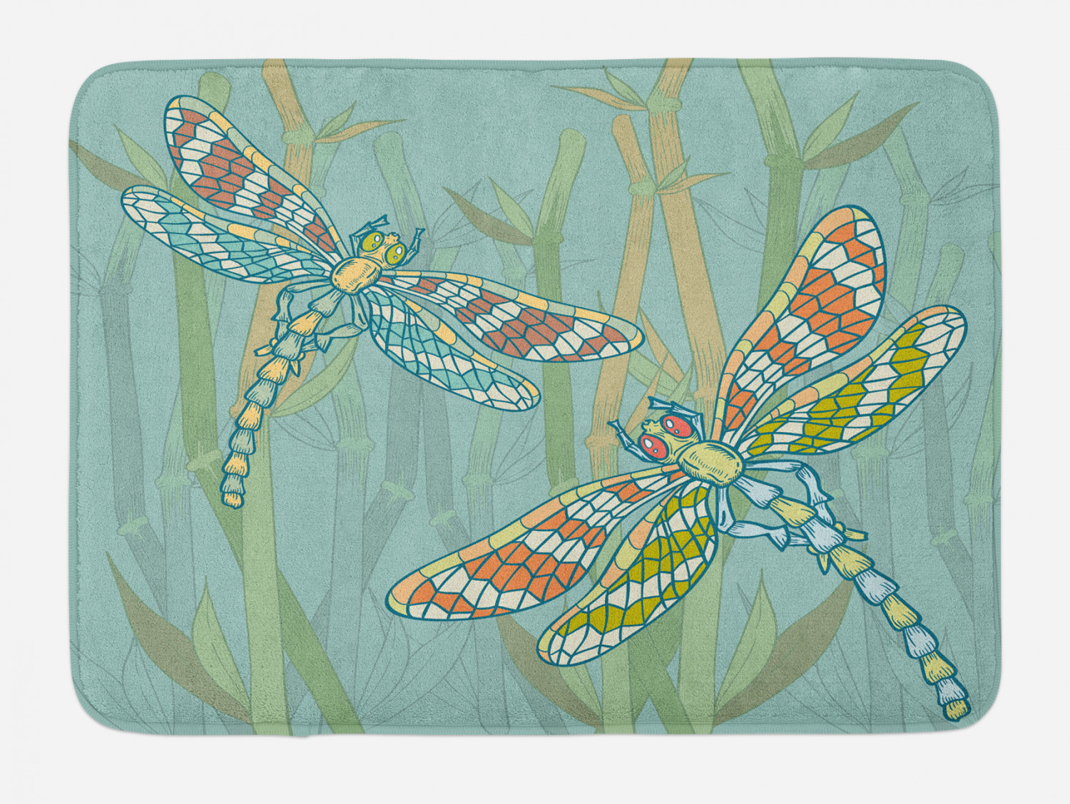 Dragonfly Bath Mat, Doodle Style Giant Dragonfly Figures on Lake Bushes ...