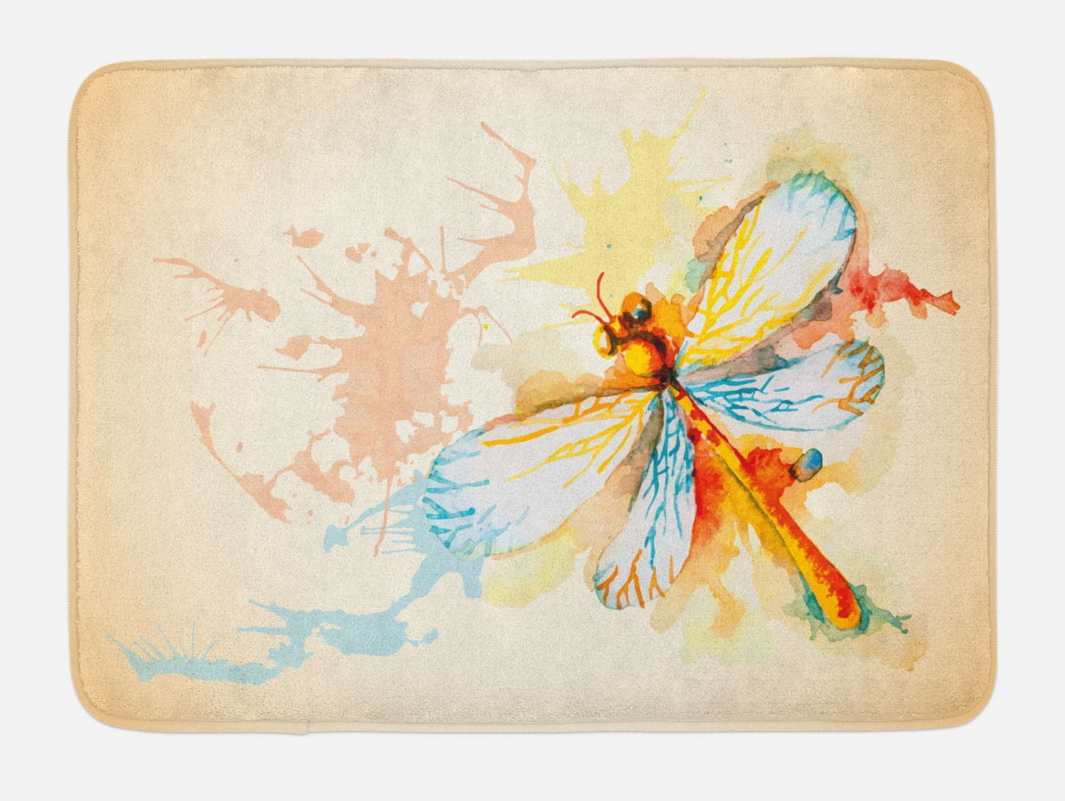 Dragonfly Bath Mat, Watercolor Moth with Branch Print Wings on Abstract ...