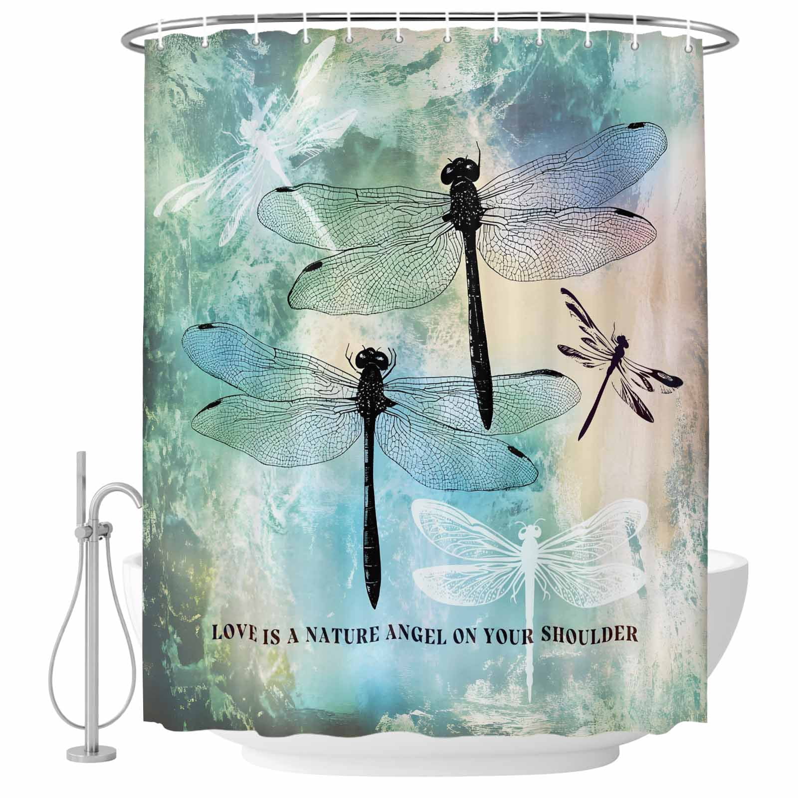 Dragonfly Bathroom Shower Curtains with Hooks, Animal Teal Green Yellow ...