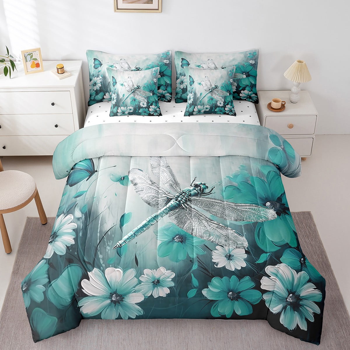 Dragonfly Bed in a Bag Queen Comforter Set 7 Piece Daisy Flowers ...