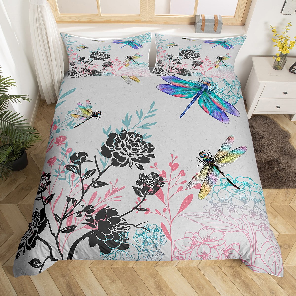 Dragonfly Bedding Set Flowers Duvet Cover Dragonfly Garden Decor,Plant ...