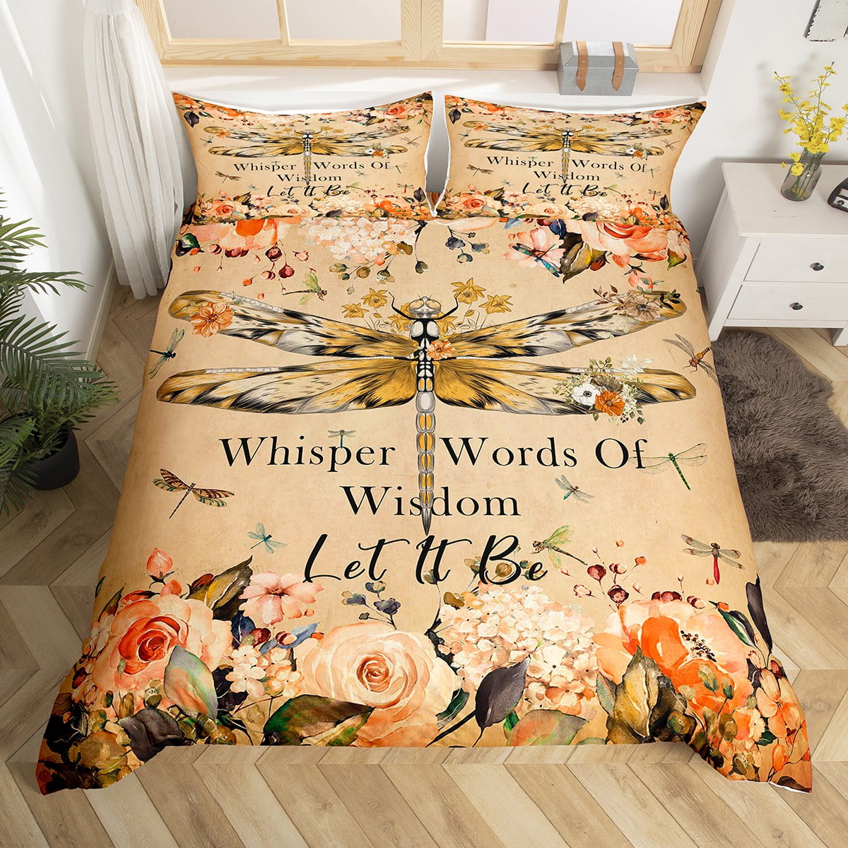 Dragonfly Bedding Set Flowers Duvet Cover Dragonfly Garden Decor,Brown ...