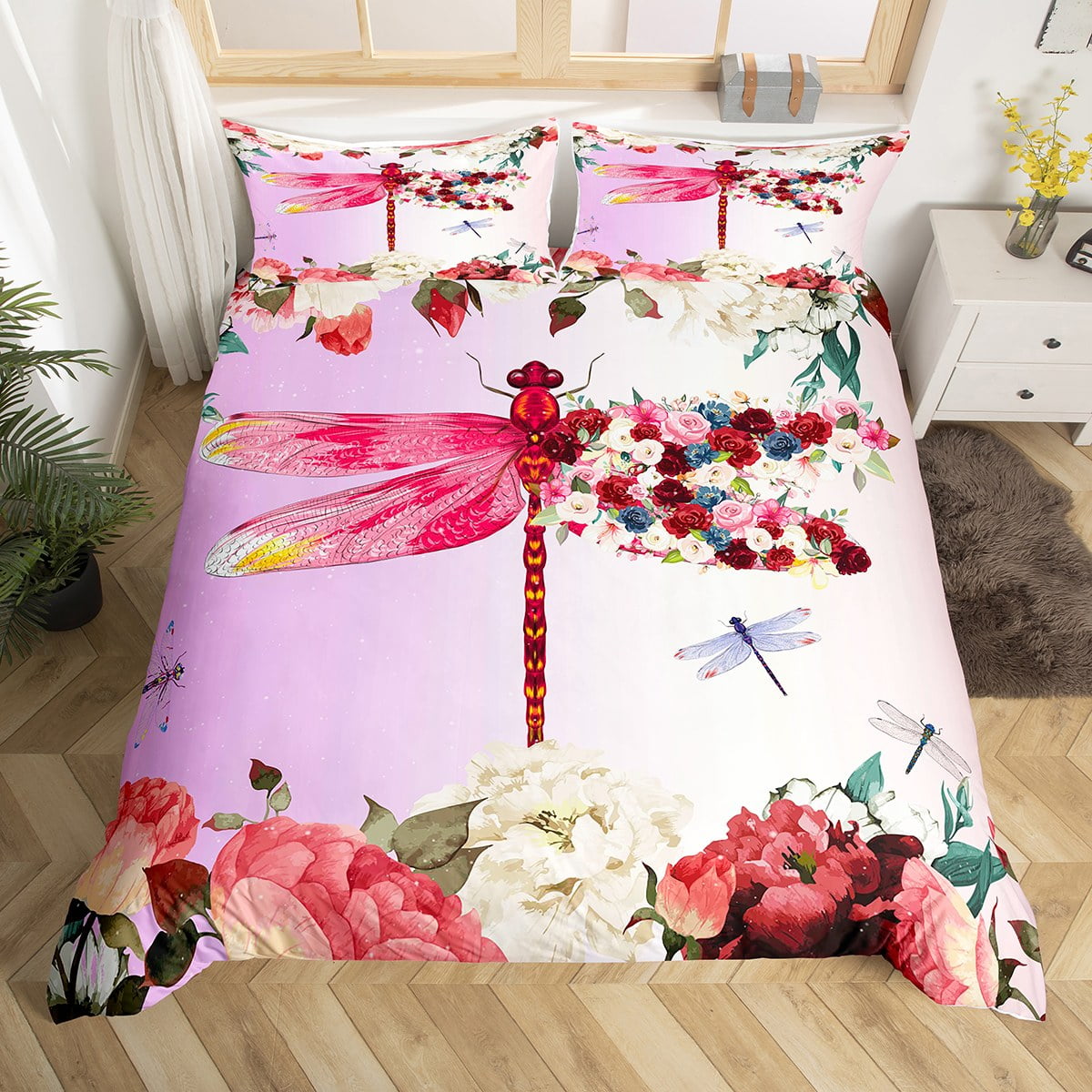 Dragonfly Bedding Set Rose Flowers Duvet Cover Dragonfly Garden Decor ...