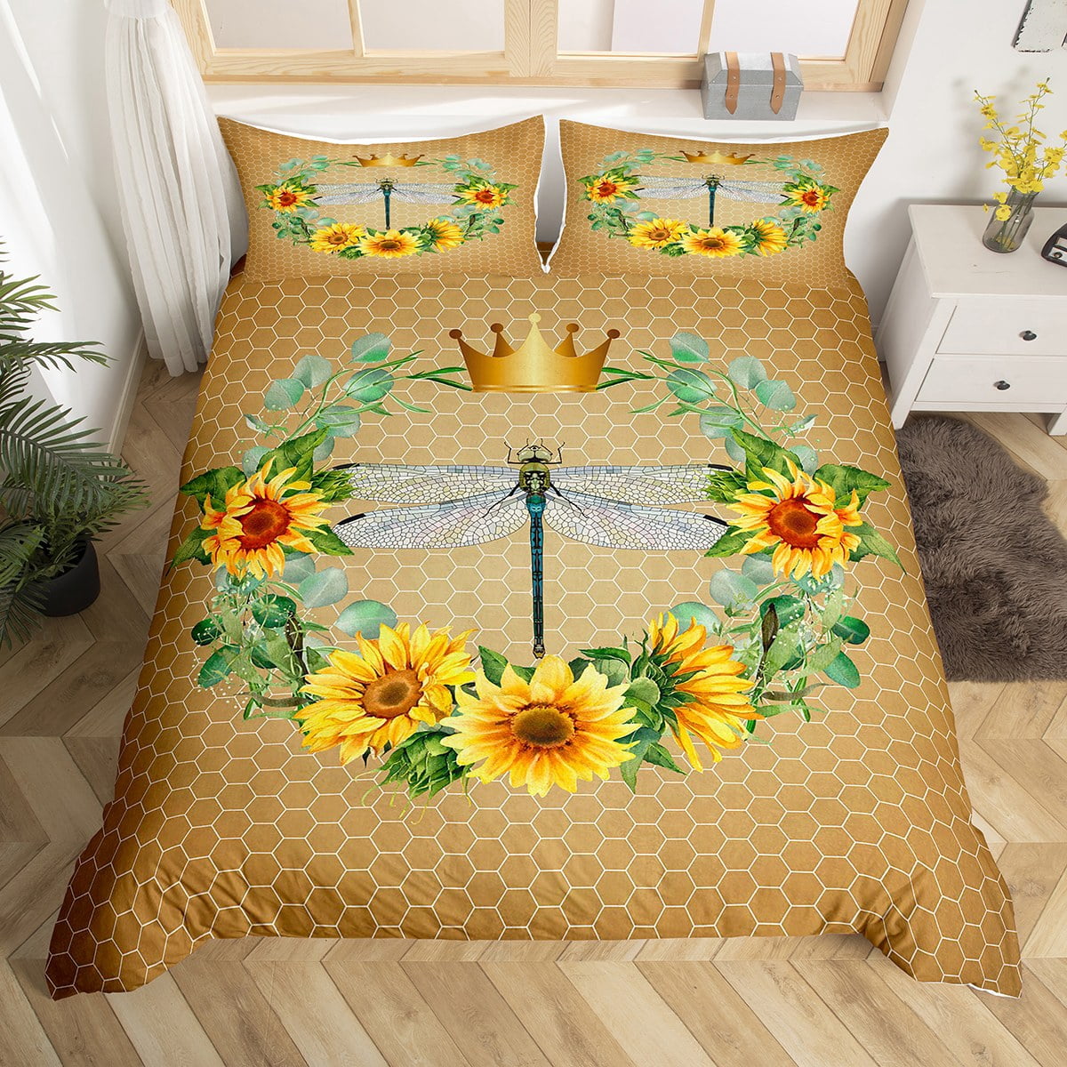 Dragonfly Bedding Set Sunflower Wreath Duvet Cover Dragonfly Decor ...