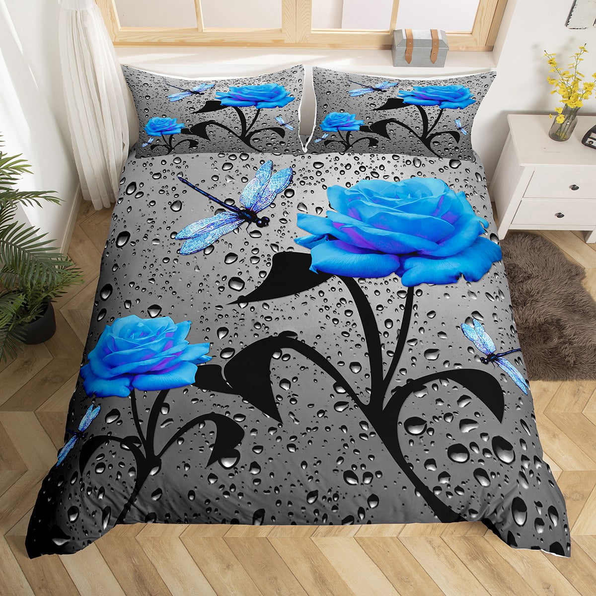Dragonfly Bedding Set Teal Rose Duvet Cover Dragonfly Decor,Floral ...