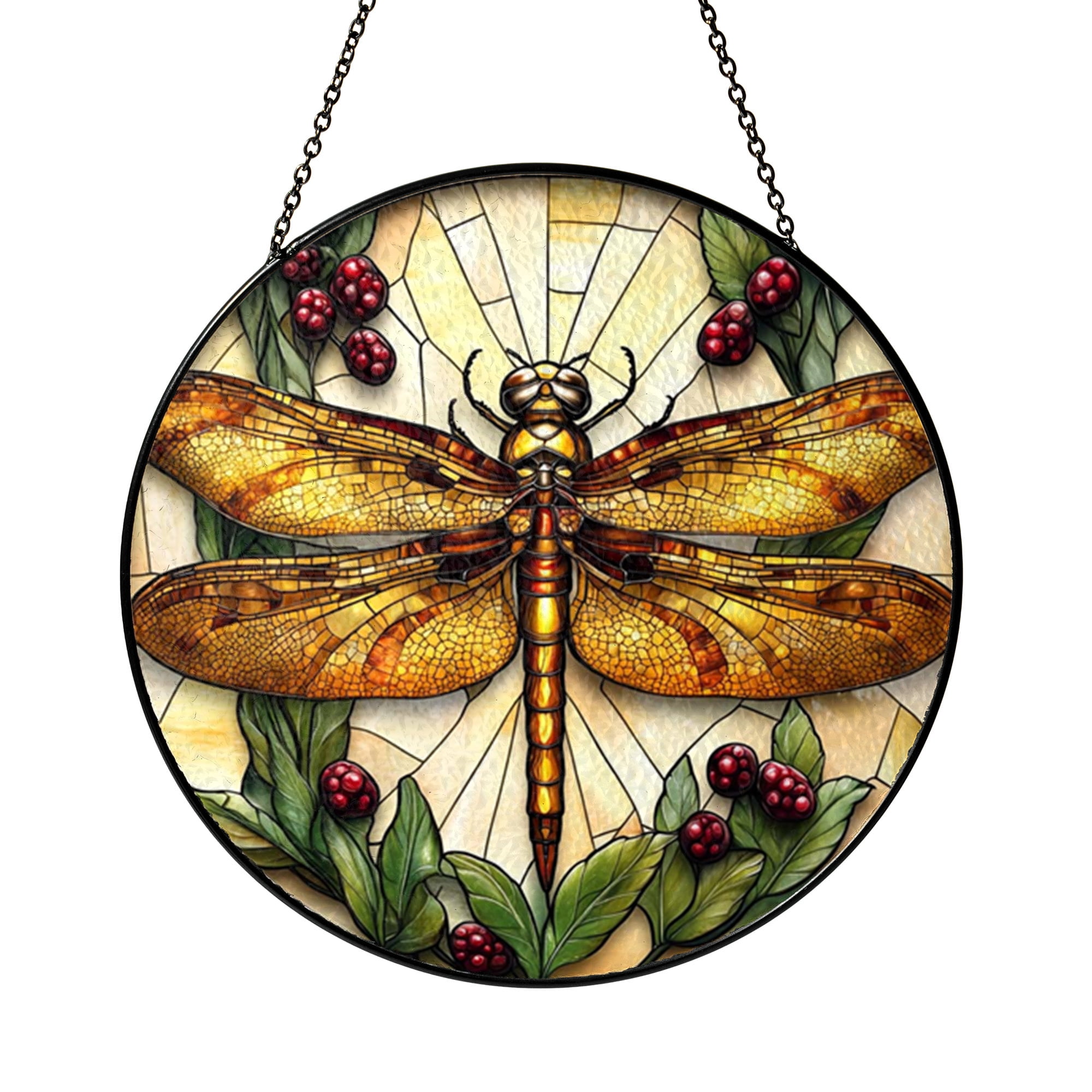 Dragonfly Botanical Stained Glass Suncatcher, Round Floral Window ...