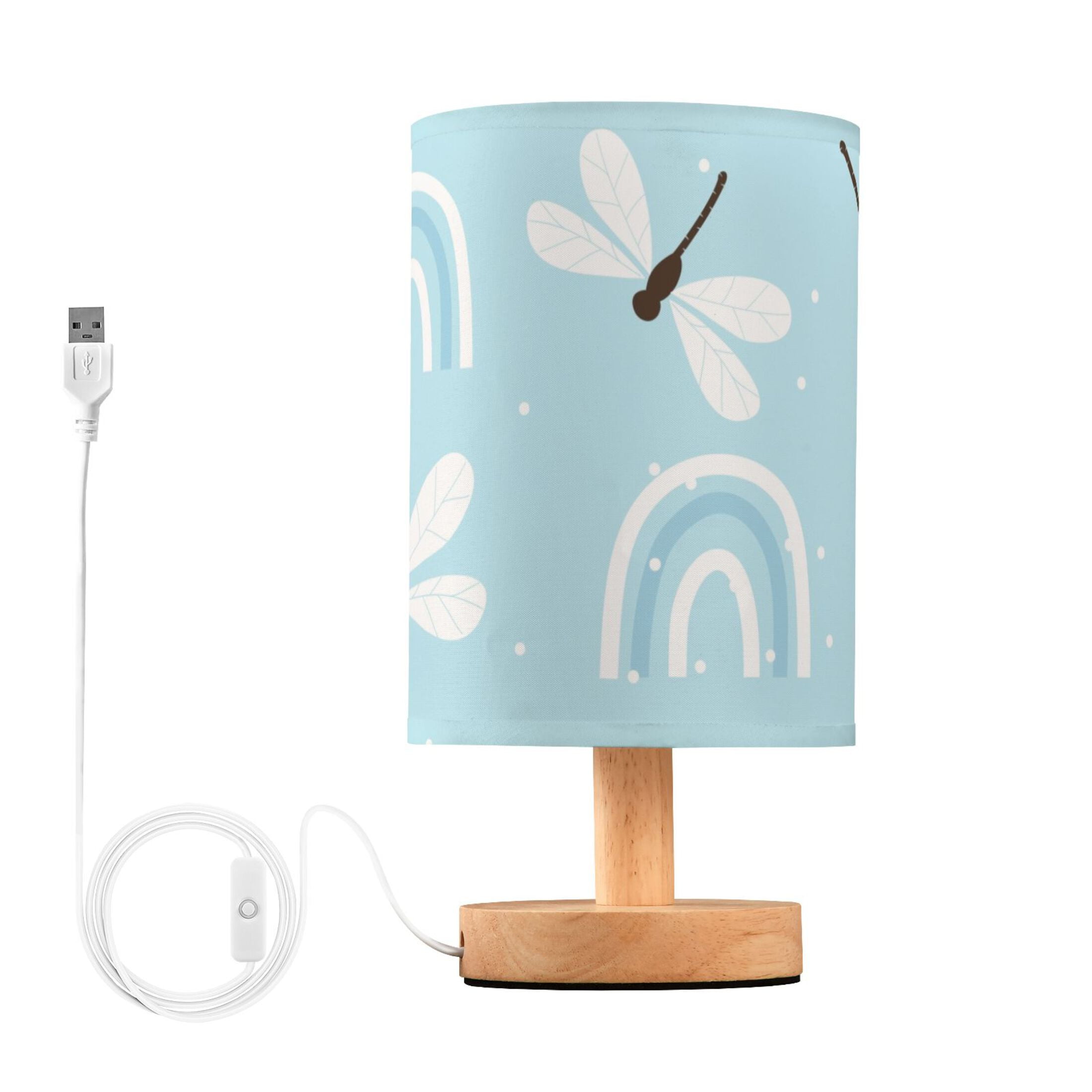 Dragonfly Cartoons on Blue Bedside Table Lamp LED Warm Lights with USB ...