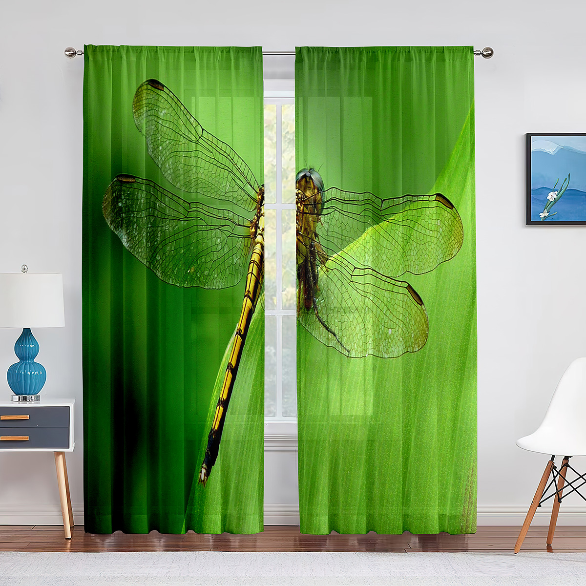 Dragonfly Close-up Print Green Plant Sheer Voile Curtains for Living ...