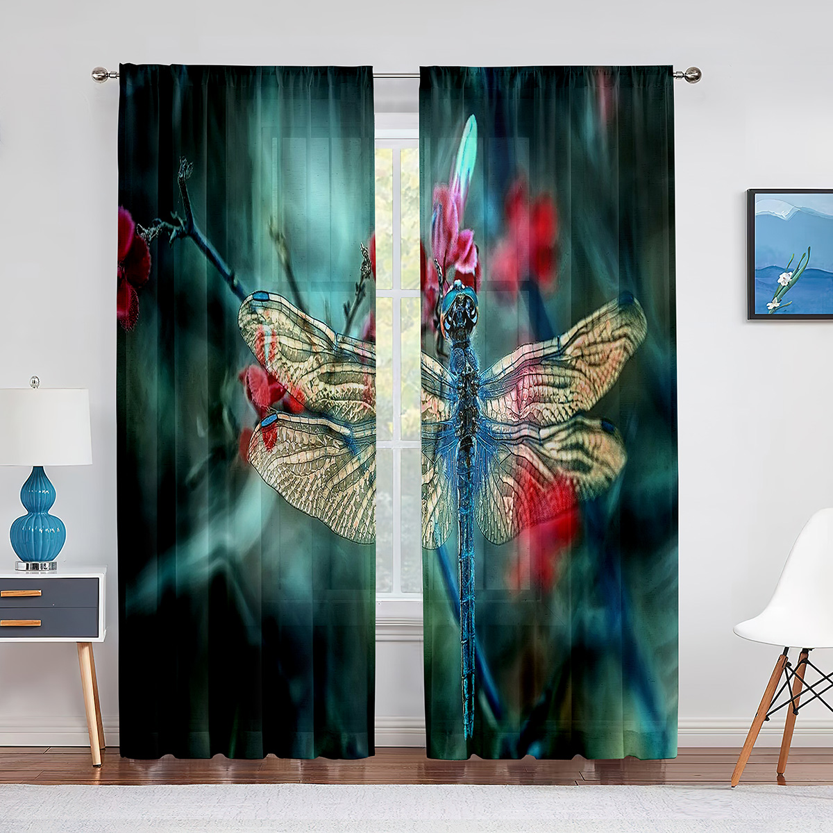 Dragonfly Close-up Print Green Plant Sheer Voile Curtains for Living ...