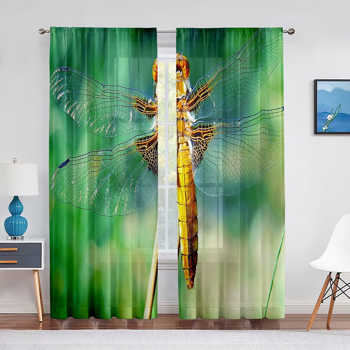 Dragonfly Close-up Print Green Plant Sheer Voile Curtains for Living ...
