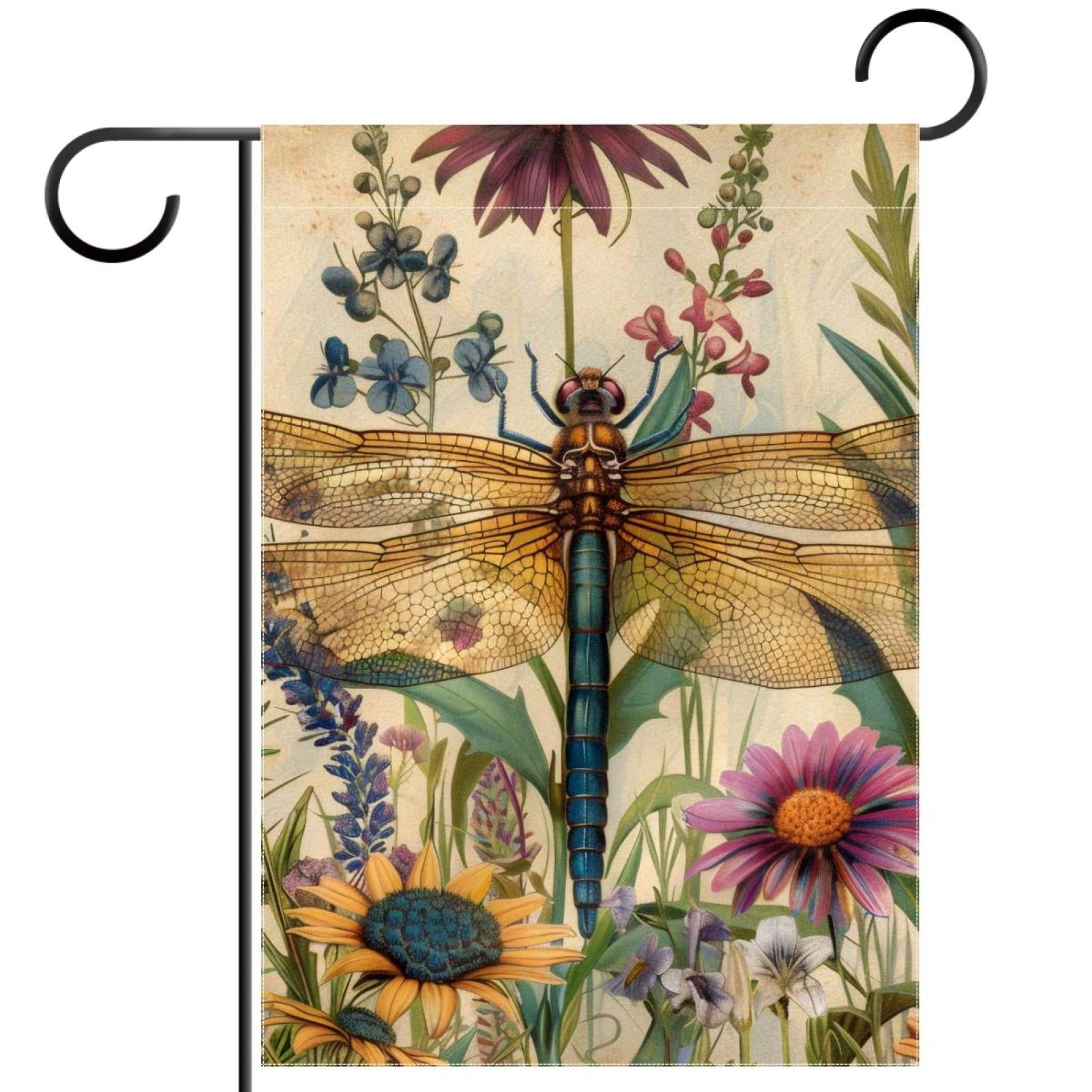 Dragonfly Colorful Wildflowers Herbs Antique Pattern Welcome Garden ...