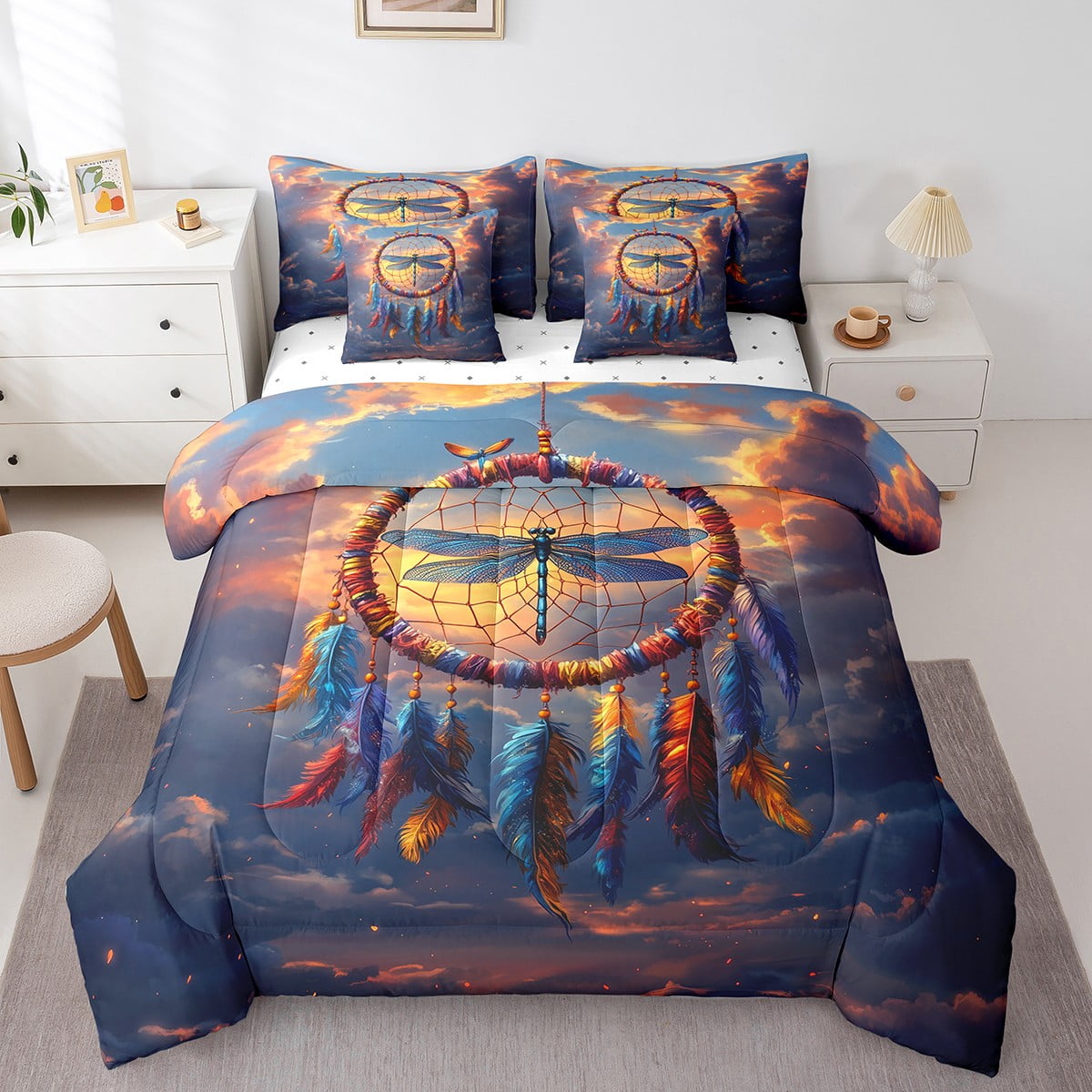 Dragonfly Comforter Set 7 Piece Bed in a Bag Twin,Dream Catchers Sheet ...
