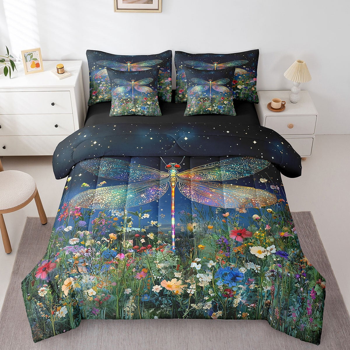 Dragonfly Comforter Set 7 Piece Bed in a Bag Twin,Galaxy Sheet Set with ...