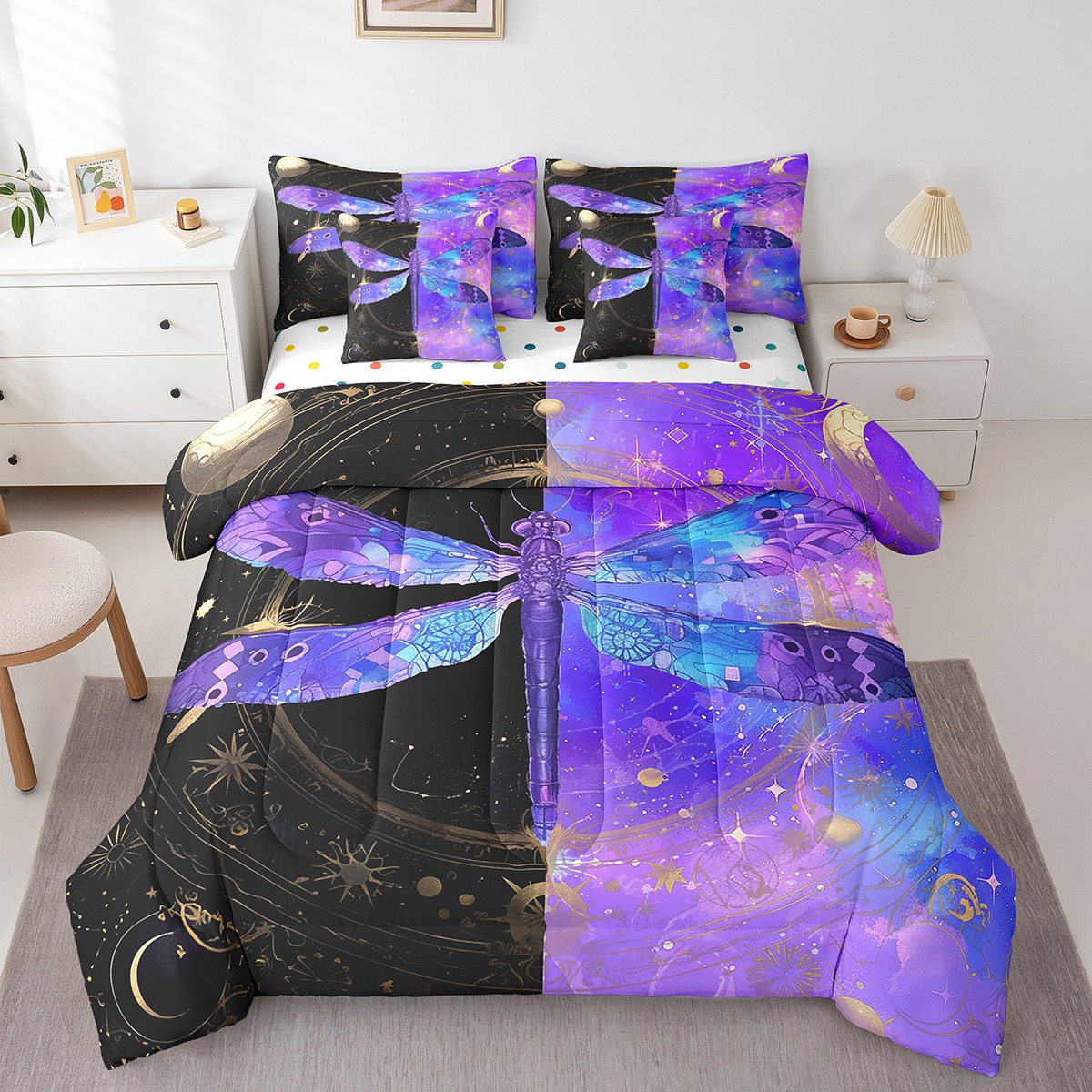 Dragonfly Comforter Set 7 Piece Bed in a Bag Twin Purple Galaxy Sheet Set with Comforter,Rustic ...