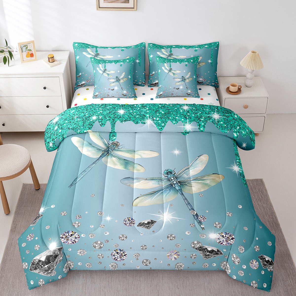 Dragonfly Comforter Set 7 Piece Bed in a Bag Twin,Teal Sequin Fluid Art ...