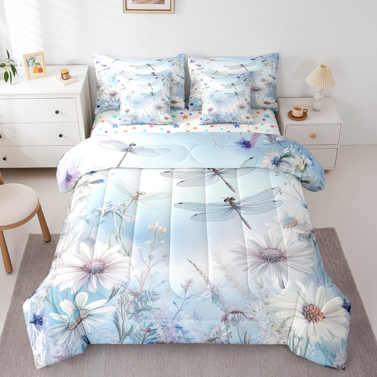 Dragonfly Comforter Set 7 Piece Bed in a Bag Twin,White Flowers Bedding ...