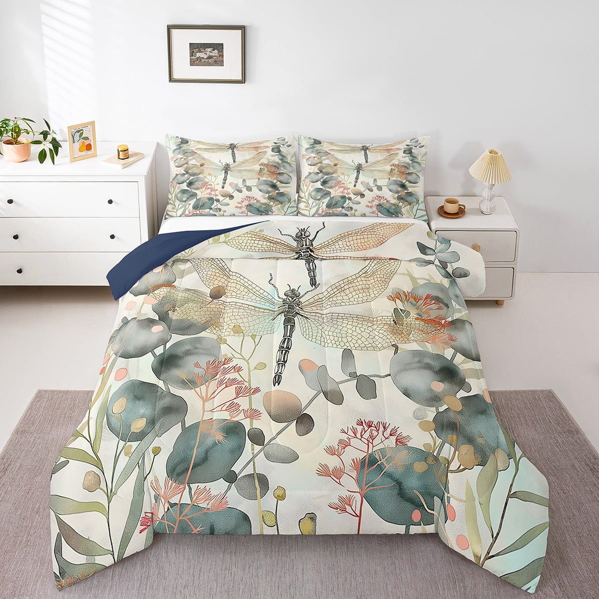 Dragonfly Comforter Set King Size Nature Floral Print Bedding for Boys ...