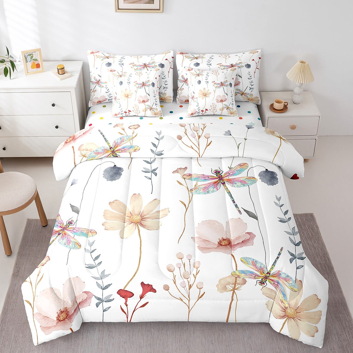 Dragonfly Comforter Set King Size, Watercolor Floral Bedding Set Women ...