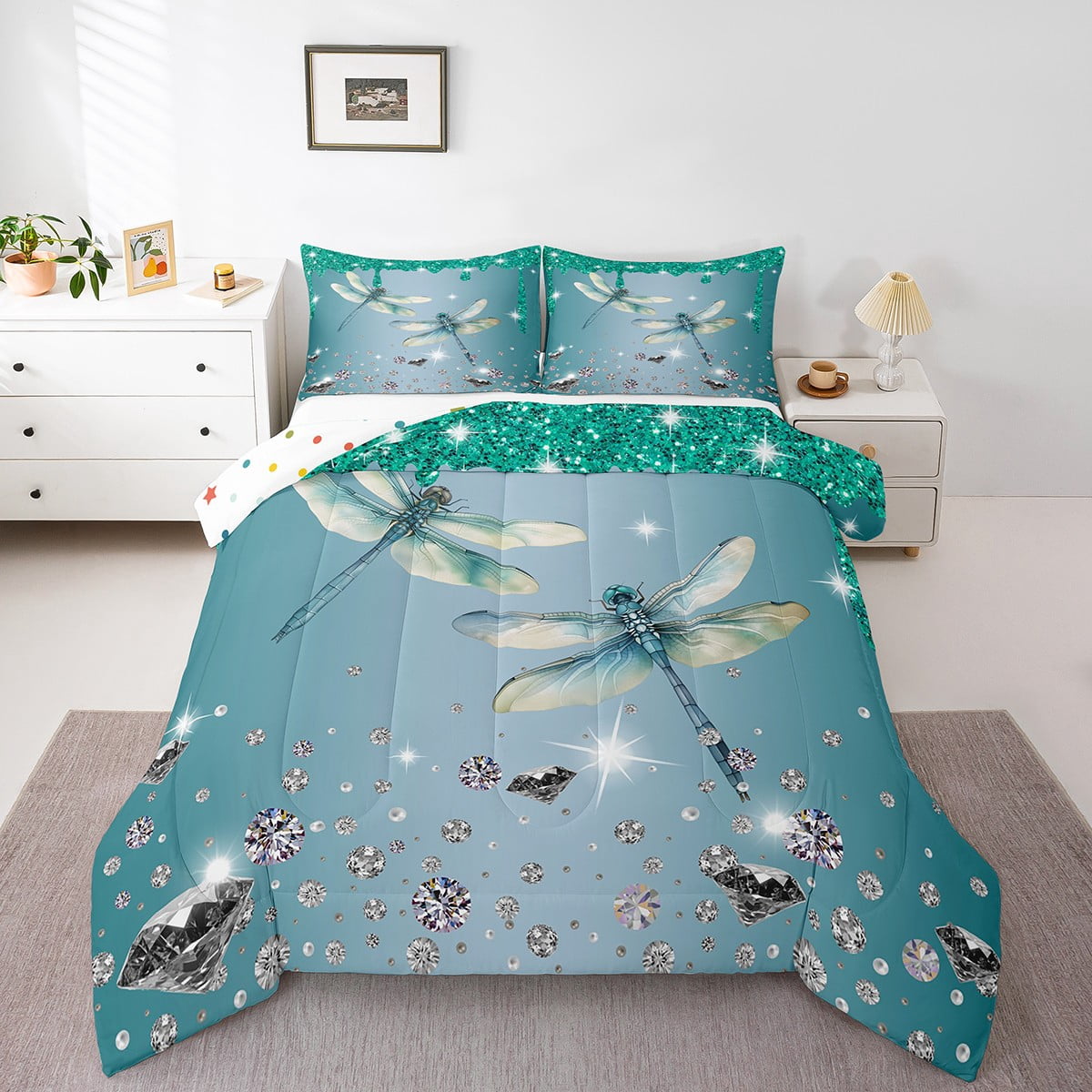 Dragonfly Comforter Set Teal Sequin Fluid Art Bed Set,Crystal Diamond ...