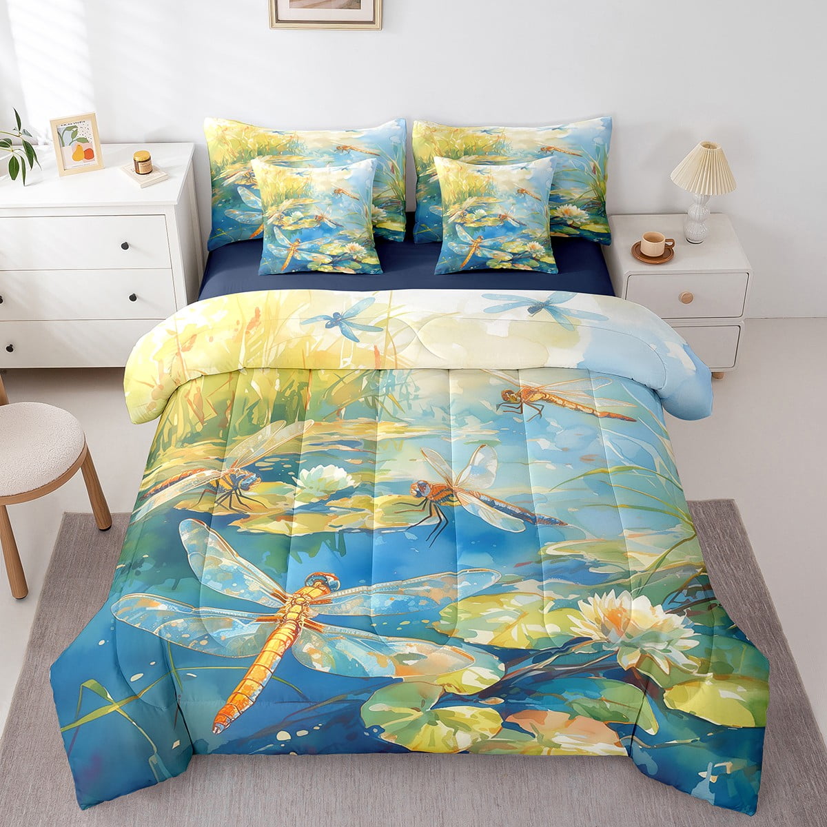 Dragonfly Comforter Set Twin Size,Watercolor Flower Floral Bed in a Bag ...