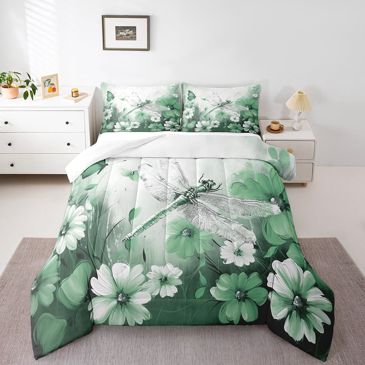Dragonfly Comforter Set Daisy Flowers Full Bedding Sets ,Cyan Ombre Oil ...