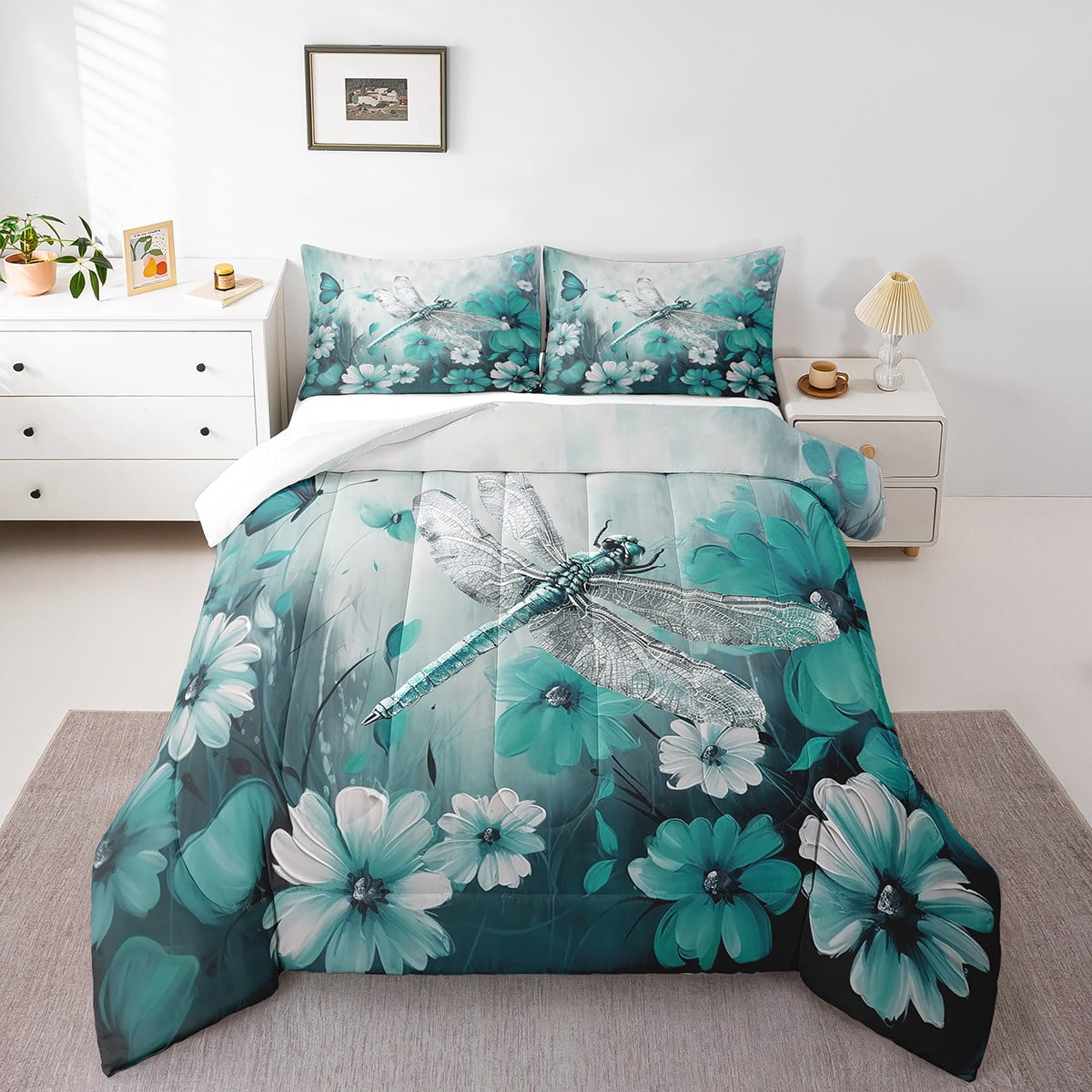 Dragonfly Comforter Set Daisy Flowers Full Bedding Sets ,Turquoise ...